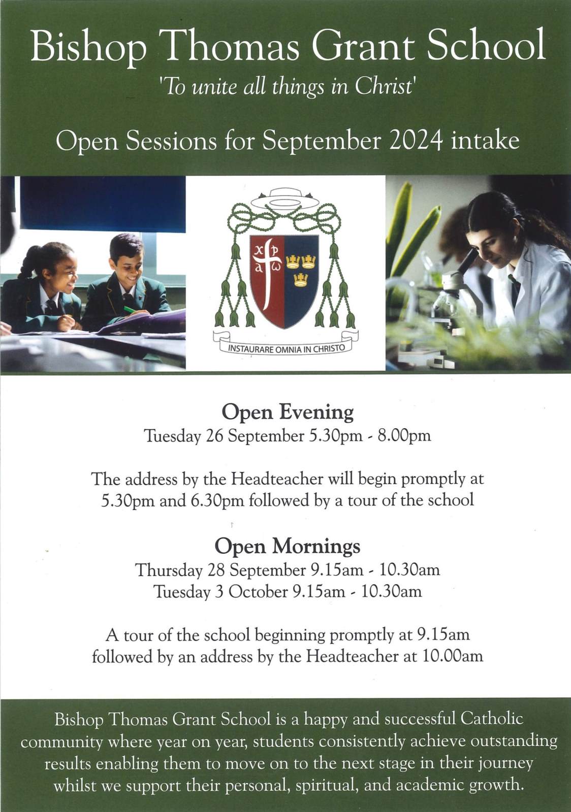 Bishop Thomas Grant School - Year 7 Open Days and Evening September 2023